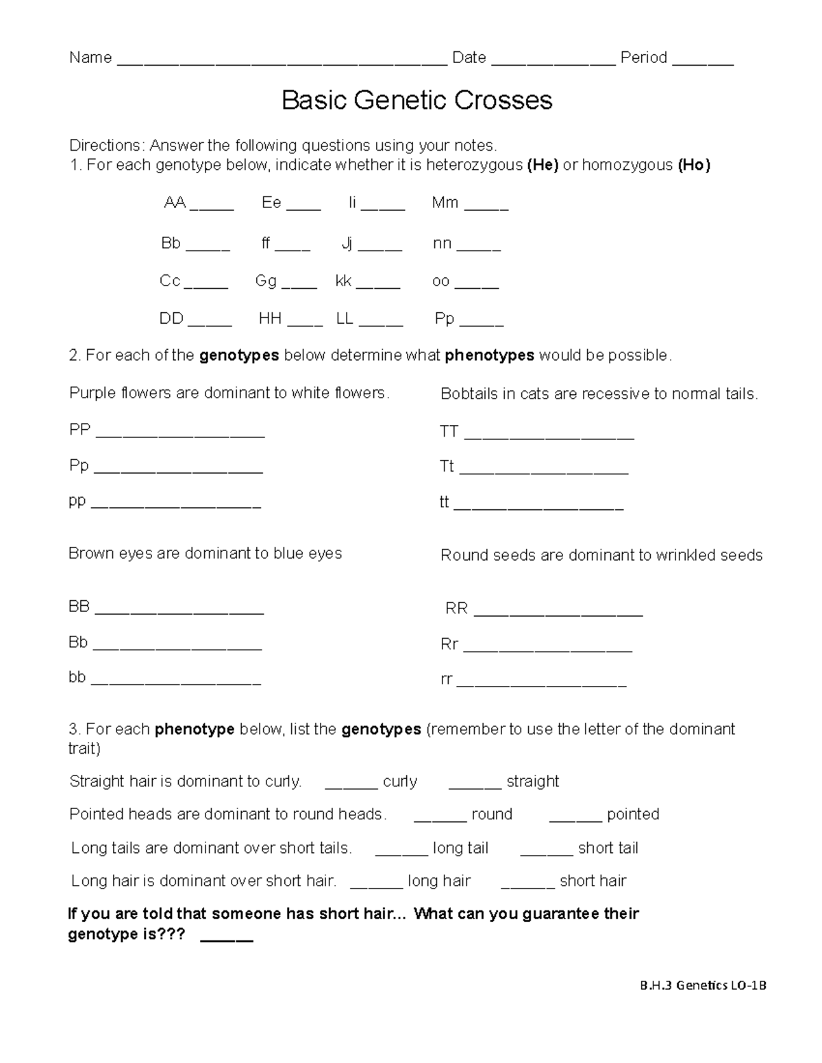 Basic Genetic Crosses - Genetics LO-1B Study Guide - Studocu