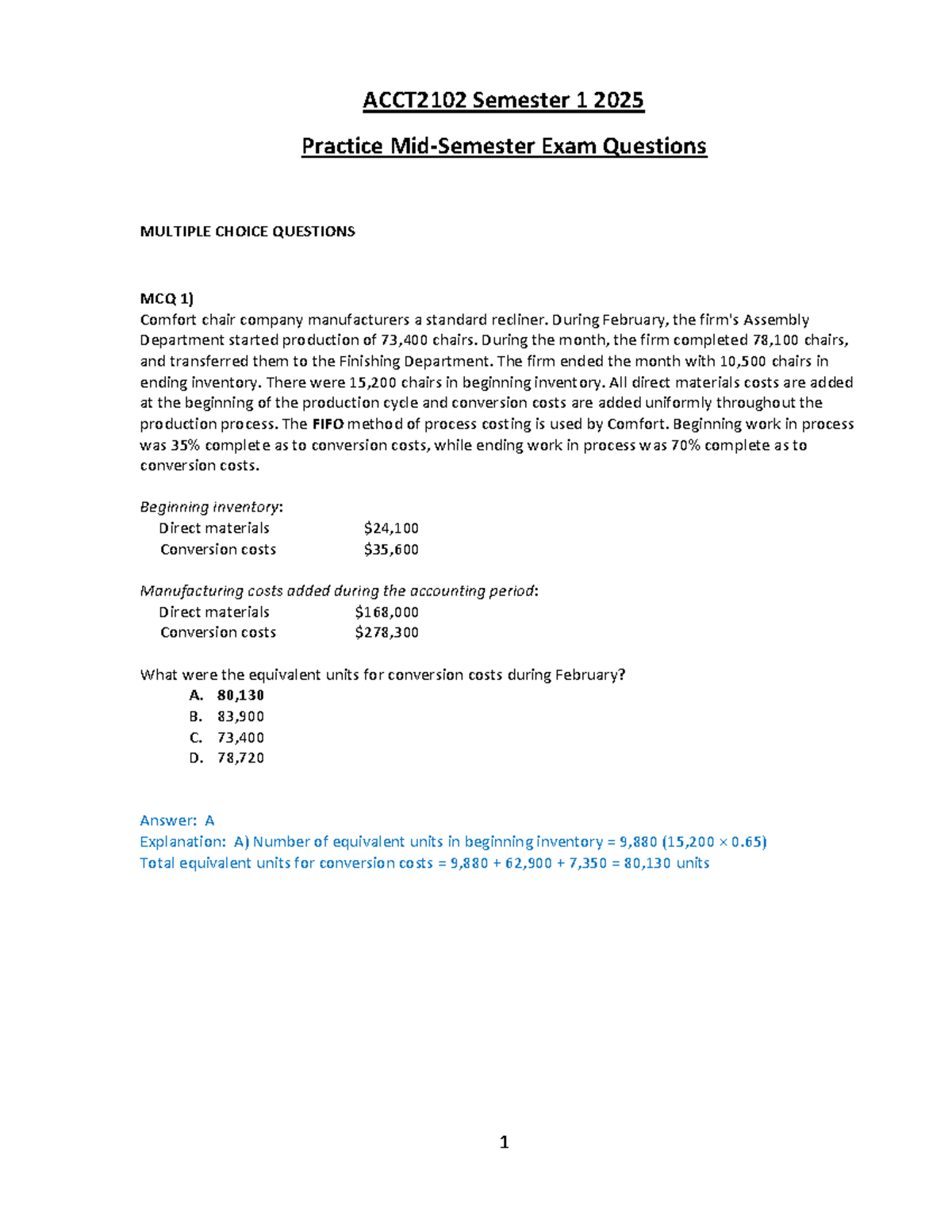 ACCT2102 Practice Mid Exam Questions with Solutions: Detailed Analysis ...