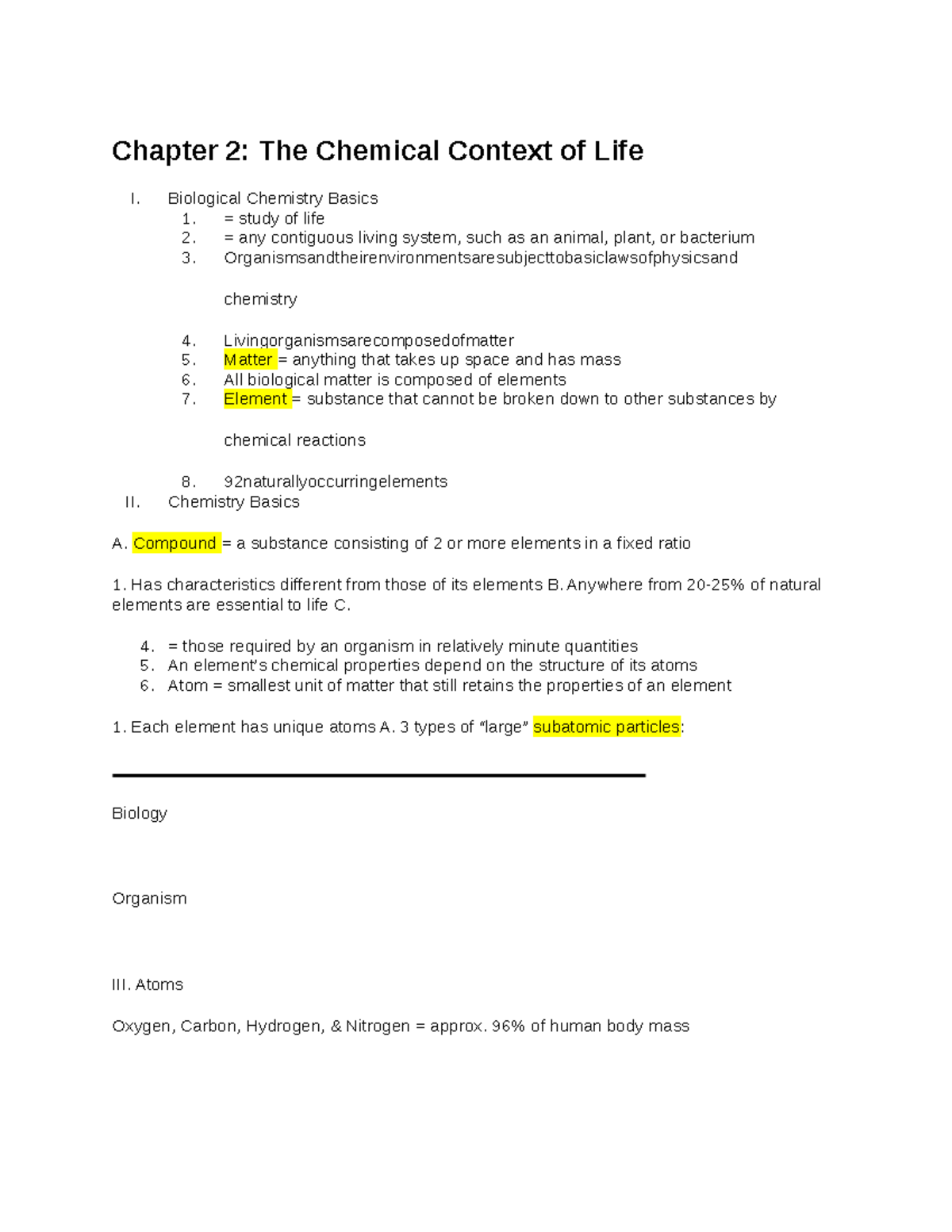 Chapter 2 - notes - Chapter 2: The Chemical Context of Life I ...