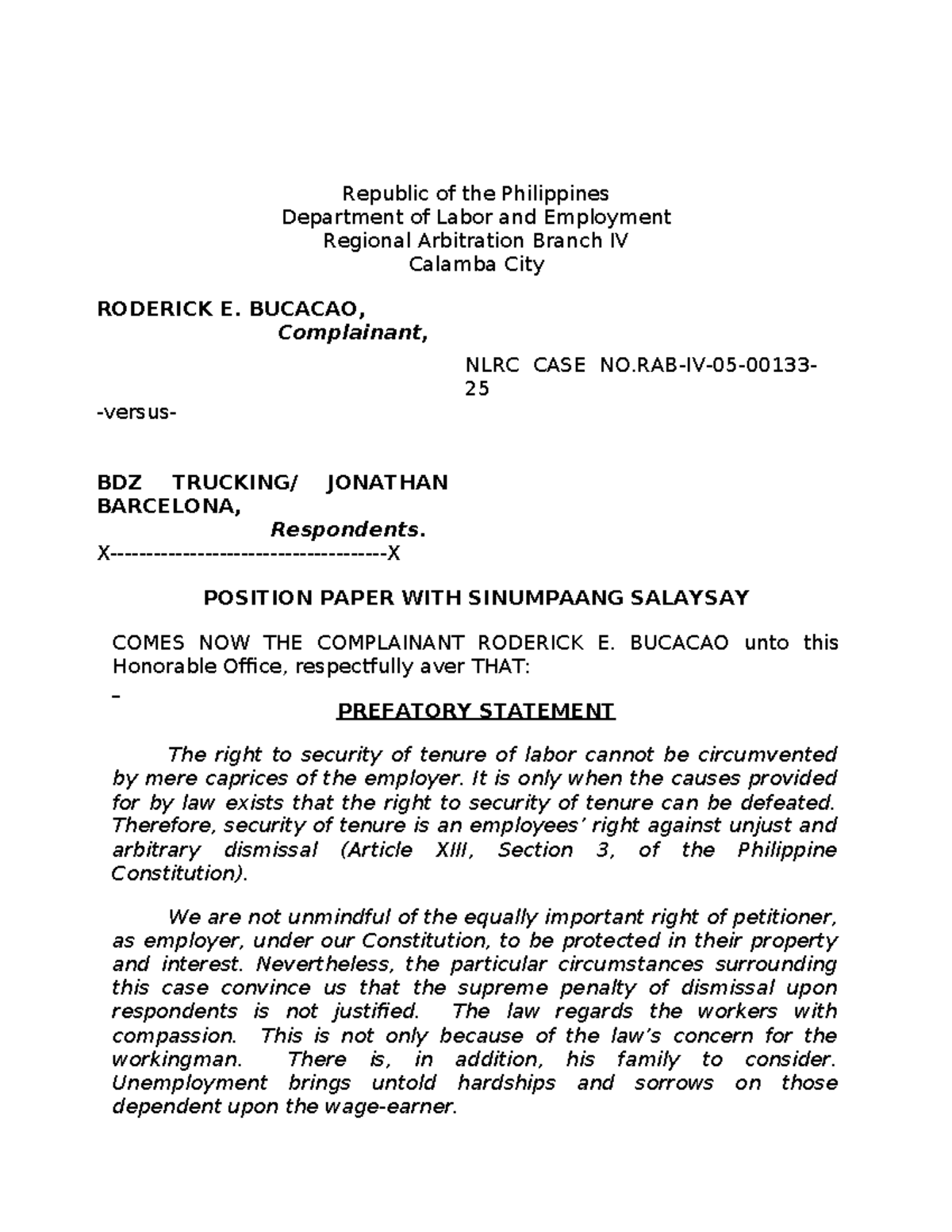 Position Paper on Illegal Dismissal: Bucacao v. BDZ Trucking NLRC Case ...
