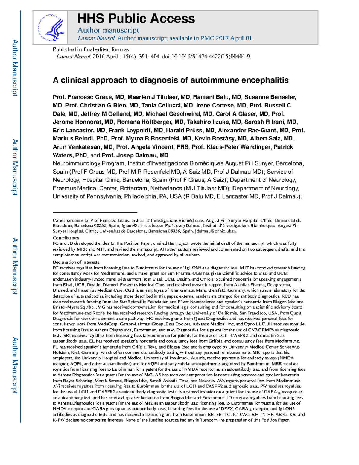 Criterios de Diagnóstico para Encefalitis Autoinmune - Lancet Neurol ...