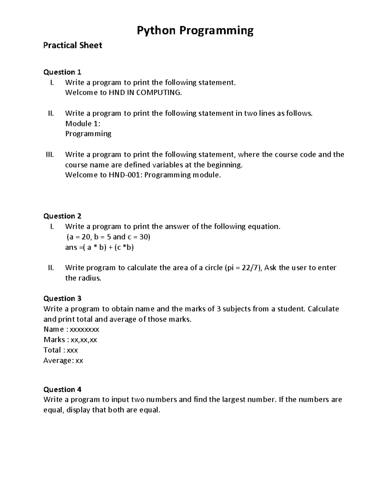 Practicalsheet 1 Prog Python Programming Practical Sheet Question 1