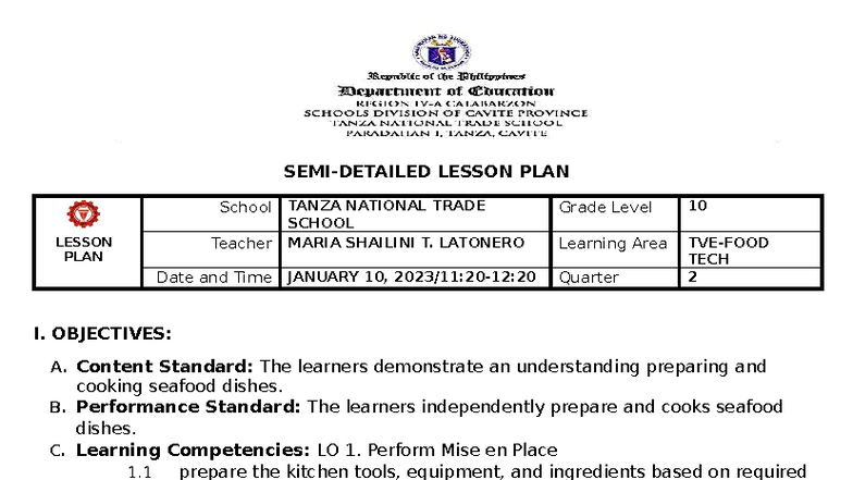 COT 2 TECH 2 Detailed Lesson Plan on Market Forms of Fish - Studocu