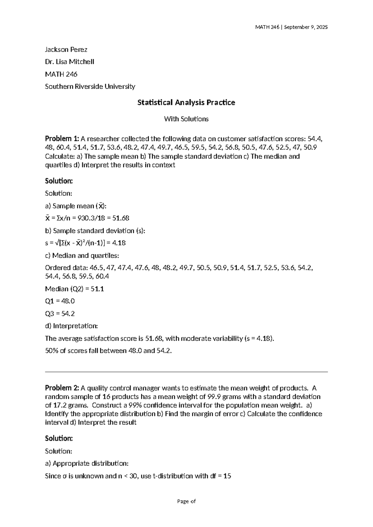 MATH 246 Statistical Analysis Practice Problems with Solutions - Studocu