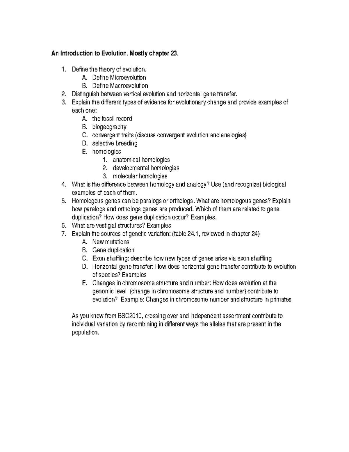 Study Guide Evolution Updated 2017 Fall Unit II - An Introduction to ...