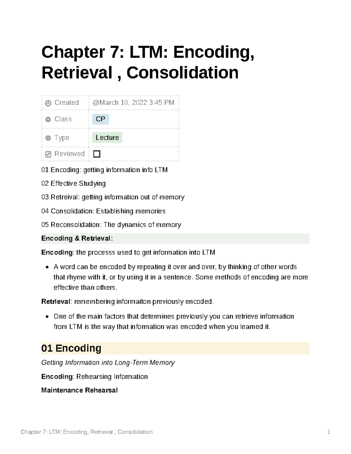 Chapter 7 LTM Encoding Retrieval Consolidation - Chapter 7: LTM: Encoding, Retrieval ...