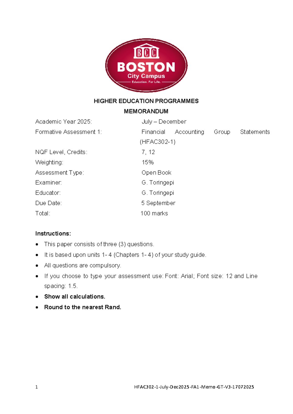 HFAC302 July-Dec 2025 FA1 Memo: Financial Accounting Group Statements ...