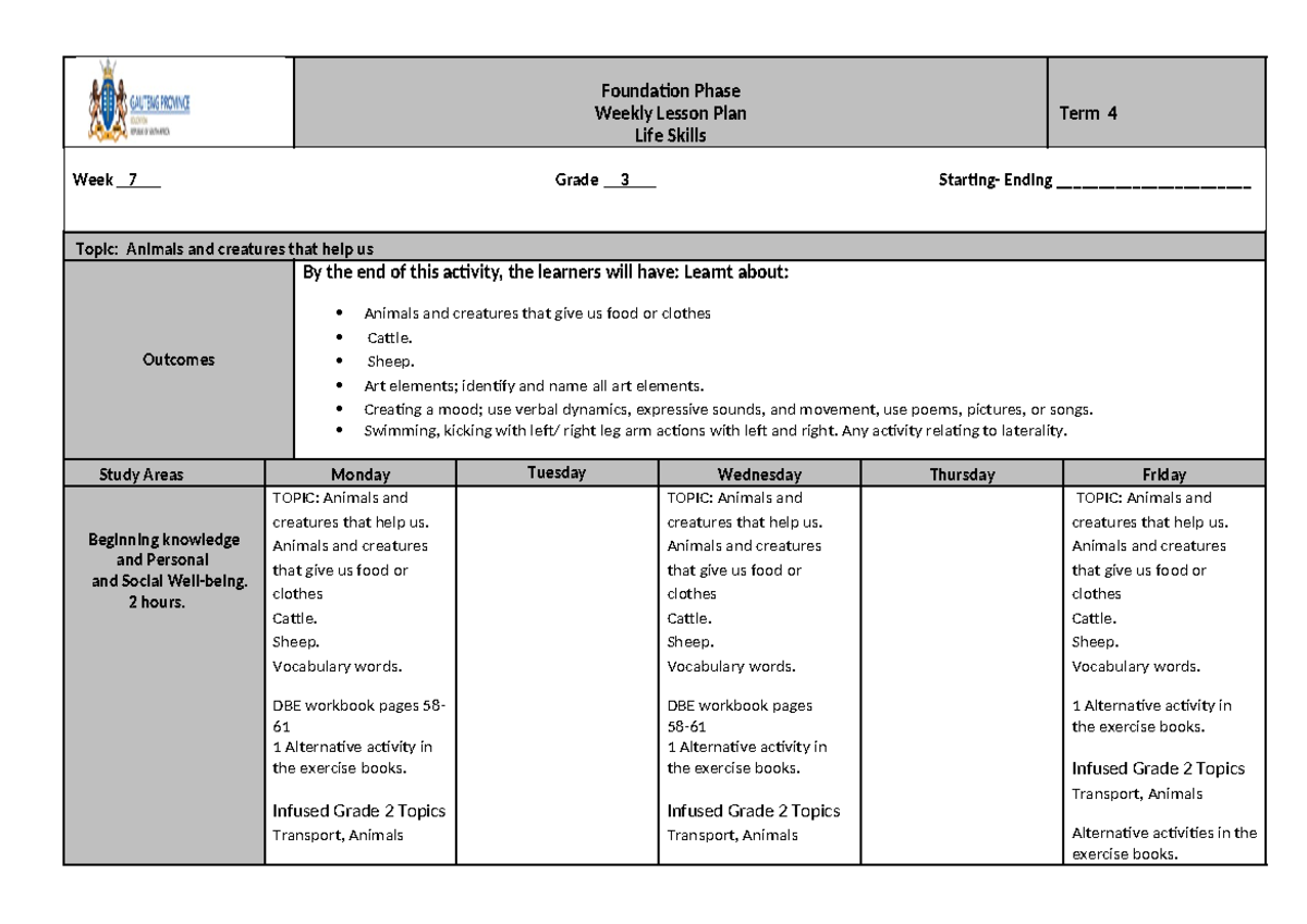 LIFE Skills Lesson Plans Grade 3 WEEK 7 (8) - Foundation Phase Weekly ...