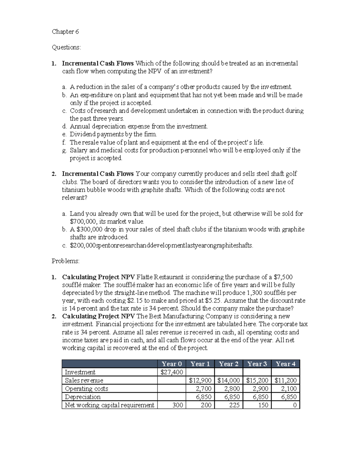 Chapter 6: Incremental Cash Flows & NPV Analysis (3 - 0607) - Studocu