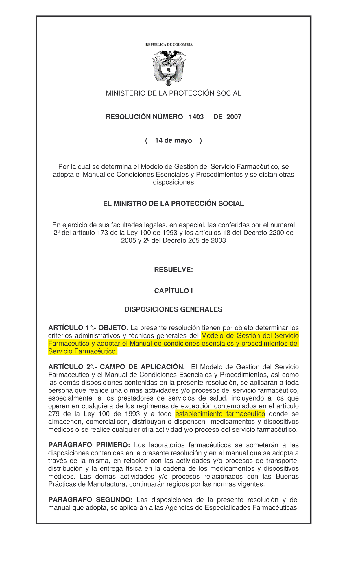 Res1403-2007 - REs 1403 - MINISTERIO DE LA PROTECCIÓN SOCIAL RESOLUCIÓN ...