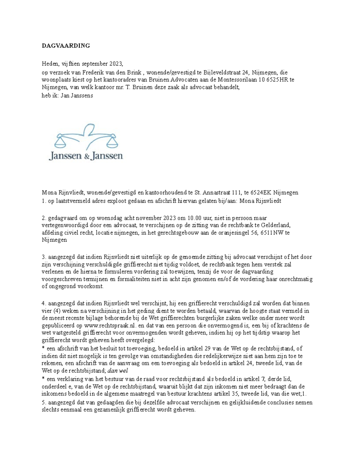 Concept Dagvaarding - Geschil Aankoop Pand Bijleveldstraat 24, Nijmegen ...