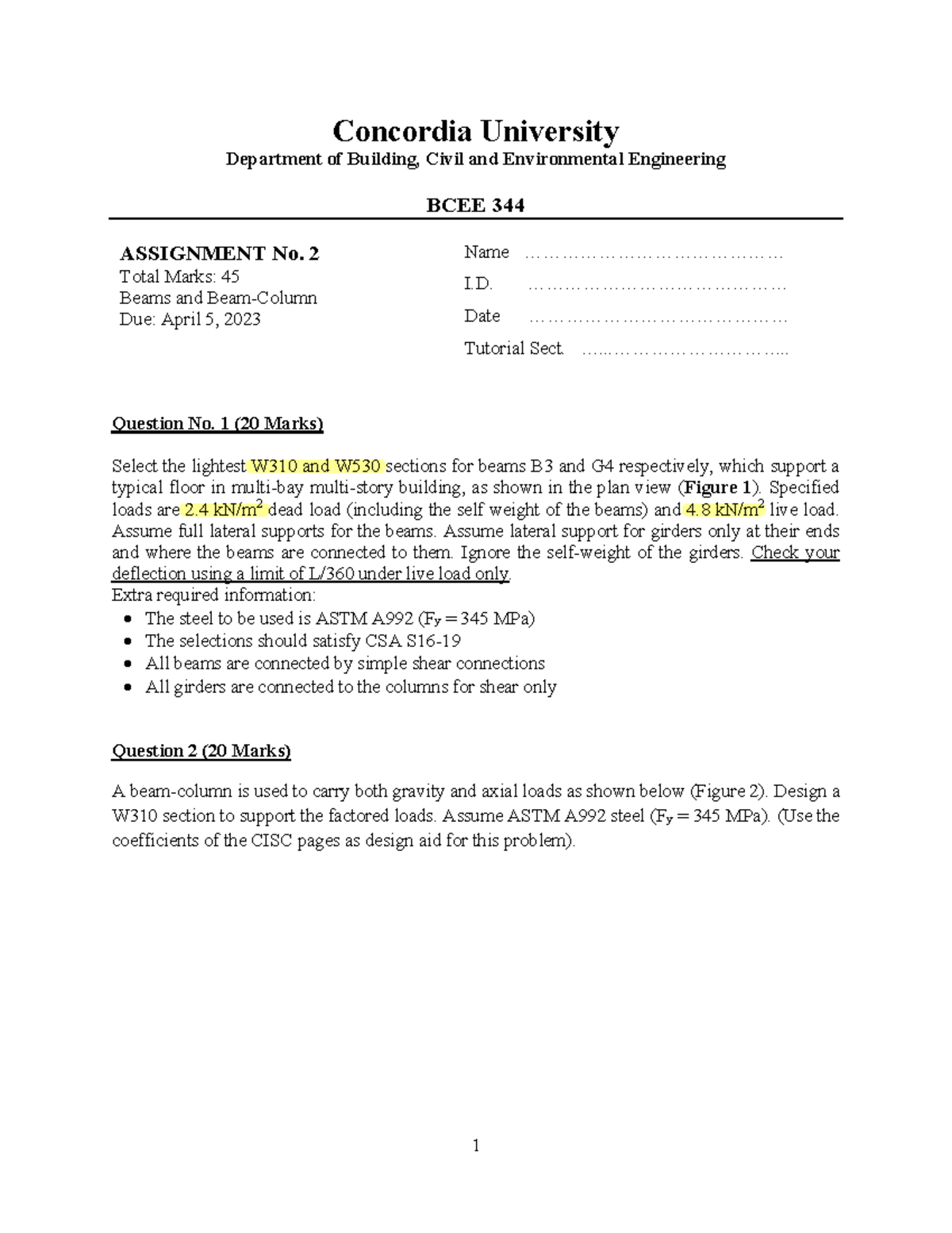 BCEE 344 Assignment 2: Building Design Analysis - Winter 2023 - Studocu