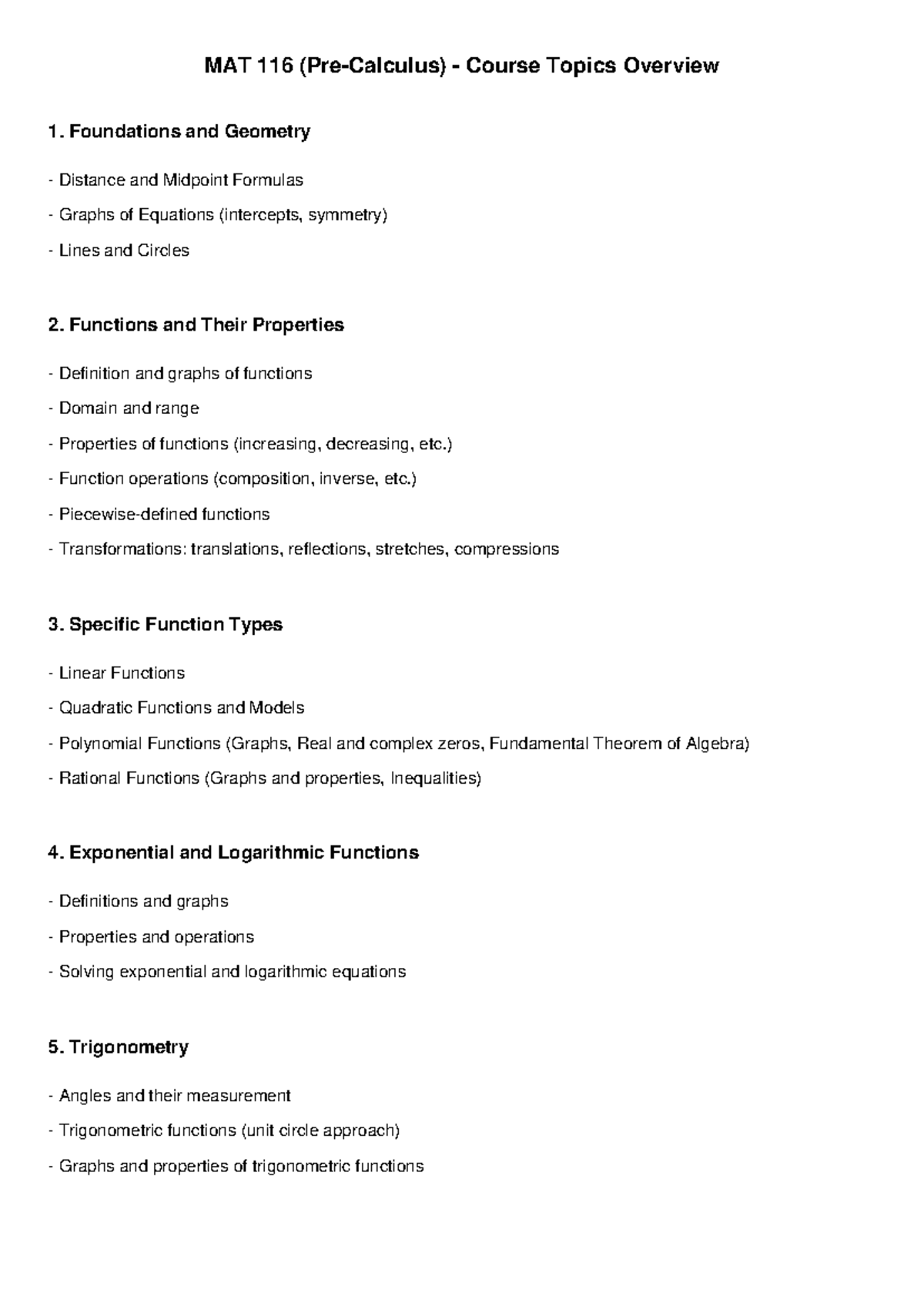 MAT 116 Precalculus Topics Overview: Functions, Geometry & Trig - Studocu