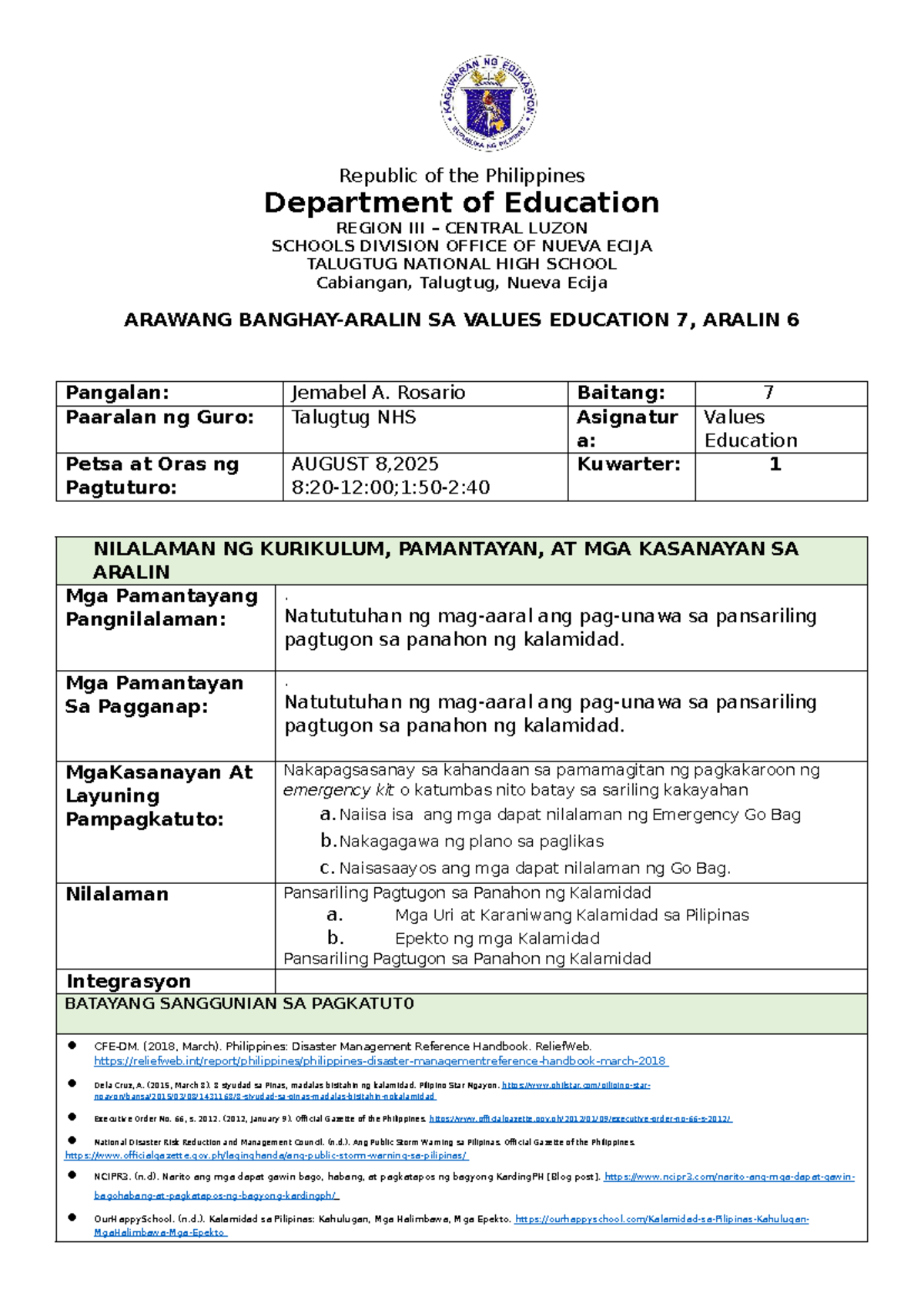 Values Education 7: Pagtugon sa Kalamidad - Aralin 6 - Studocu