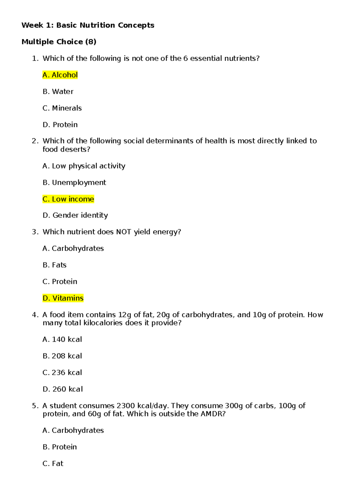 Nutrition Midterm Practice Questions (NUTR 101) - Studocu