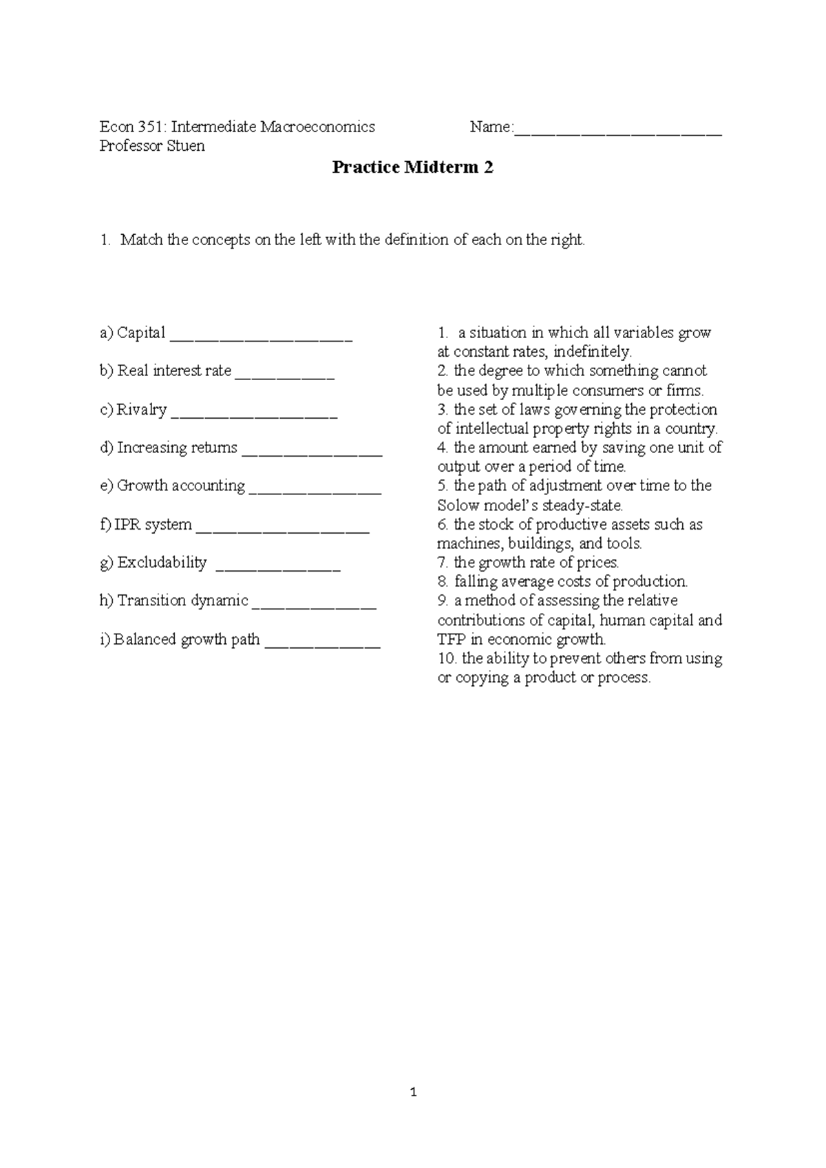 Econ 351: Intermediate Macroeconomics Midterm 2 Practice Questions - Studocu