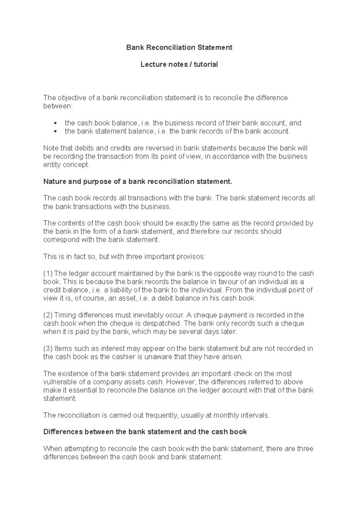 Bank Reconciliation Statement - Lecture Notes & Tutorial Guide - Studocu