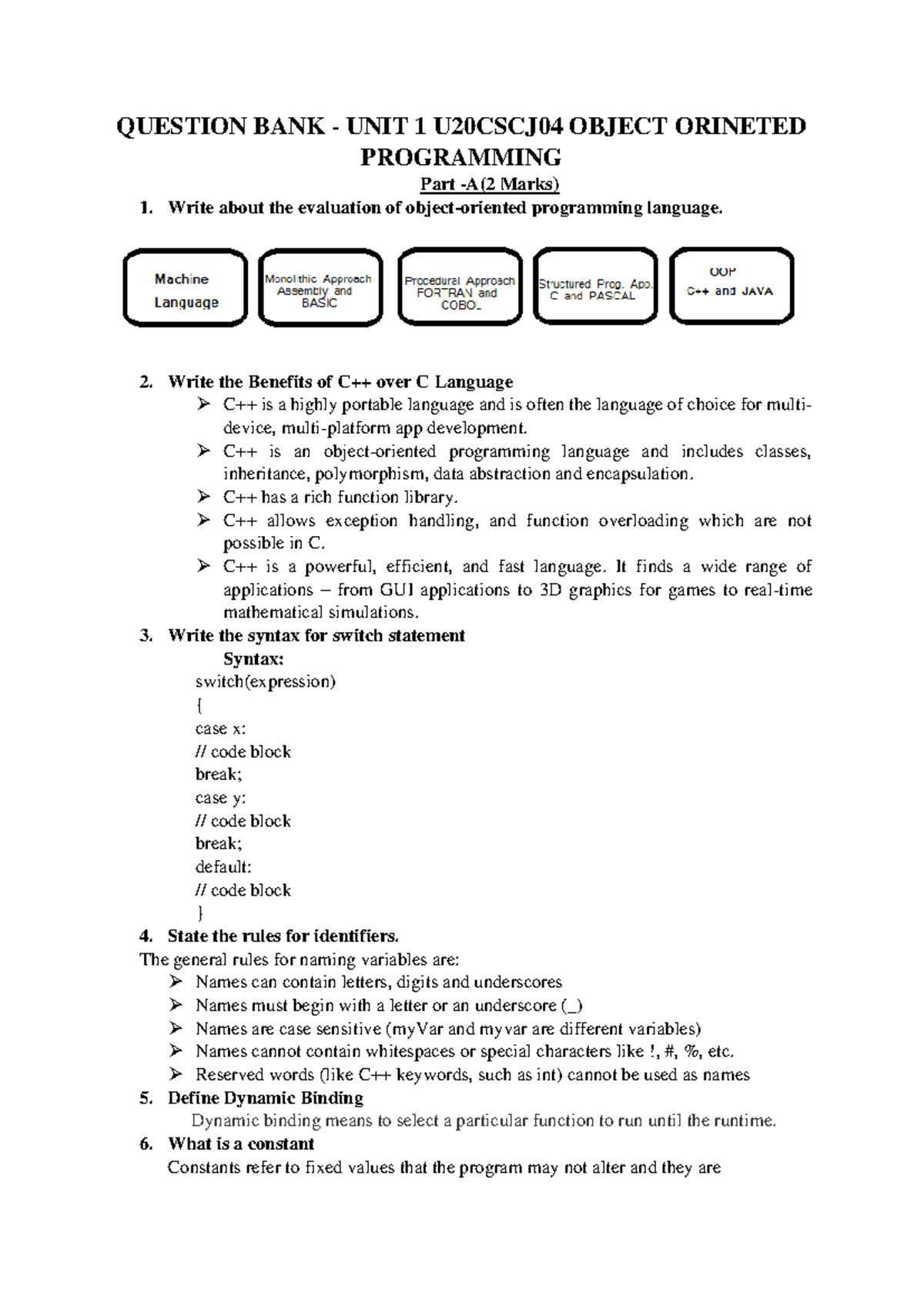 OOPS U20CSCJ04 UNIT-1 Question Bank & Answers for Final Exam - Studocu