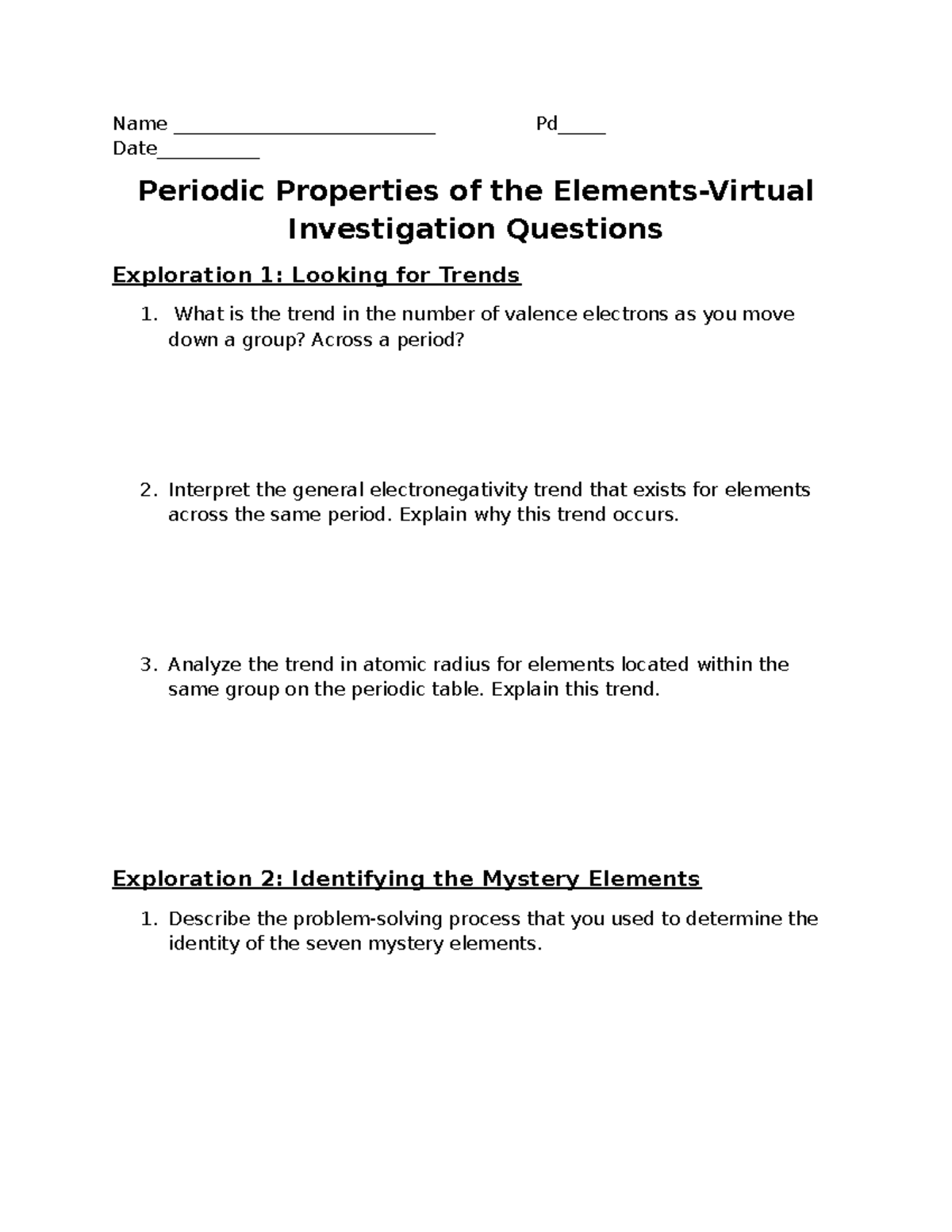 Periodic Properties Investigation Questions: Trends & Elements - Studocu