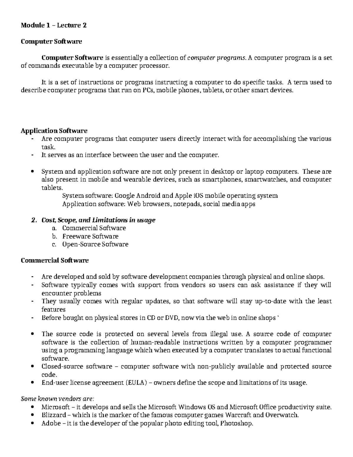 GEE2 - Module 1 Lecture 2 - Module 1 – Lecture 2 Computer Software Computer Software is ...