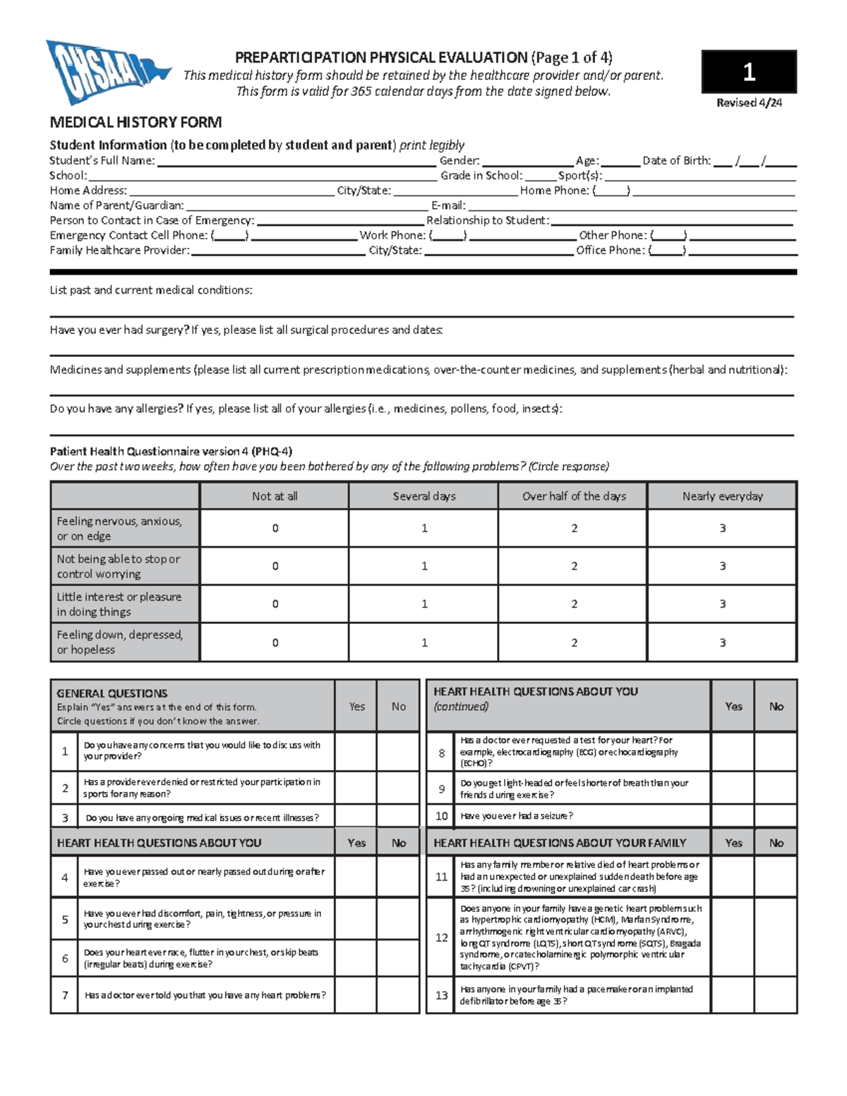 Updated Chsaa PPE Form 4 - This medical history form should be retained ...