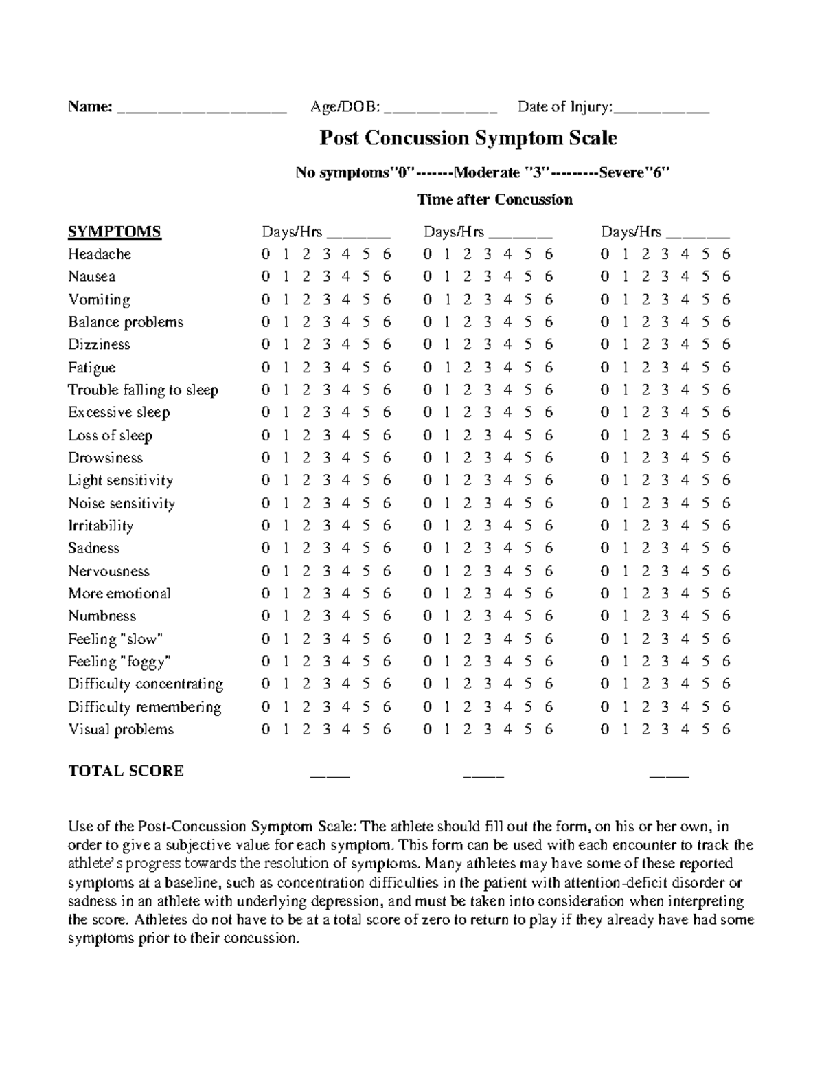 Post-Concussion Symptom Scale Evaluation Form and Scoring Guide - Studocu