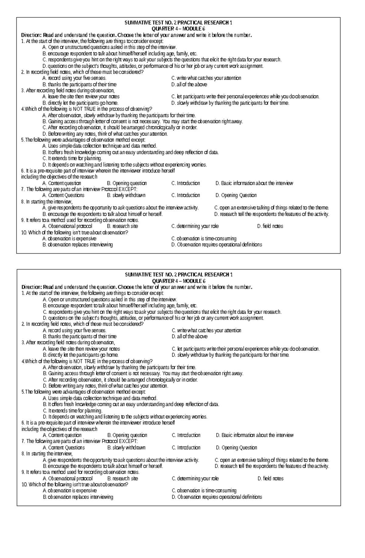 Summative Tests - SUMMATIVE TEST NO. 2 PRACTICAL RESEARCH 1 QUARTER 4 ...