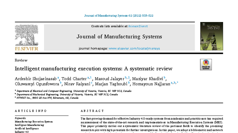 Intelligent Manufacturing Execution Systems: A Systematic Review (ENGR ...