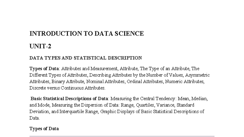 IDS UNIT-II - Data Types and Statistical Descriptions in Data Science ...