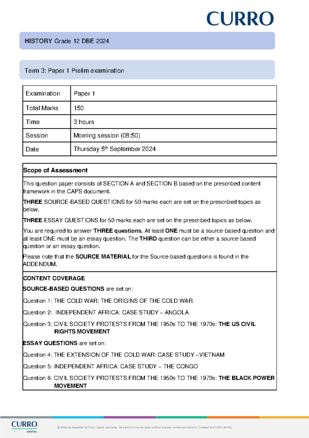 Grade 12 DBE History Prelim Paper 1 Demarcation 2024: Content Overview ...