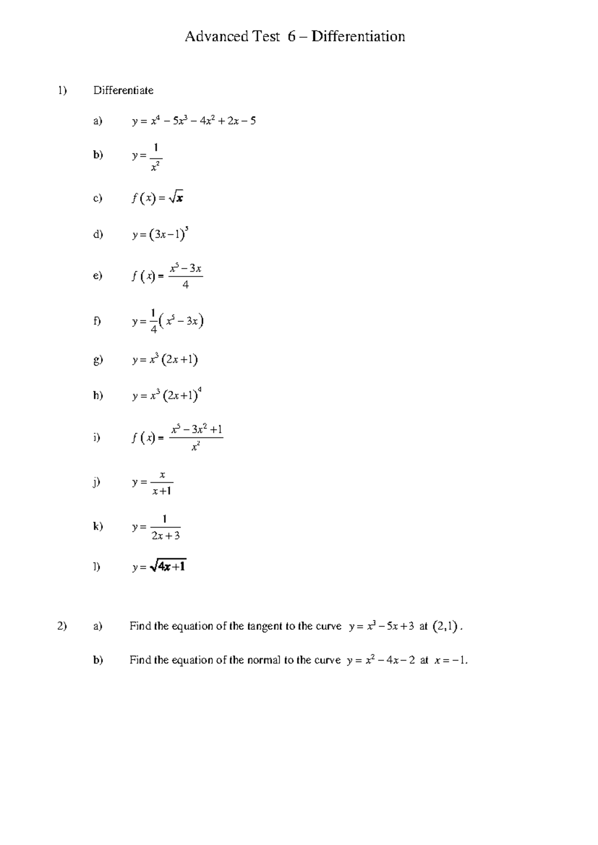Advanced Test 6: Differentiation Concepts and Applications - Studocu