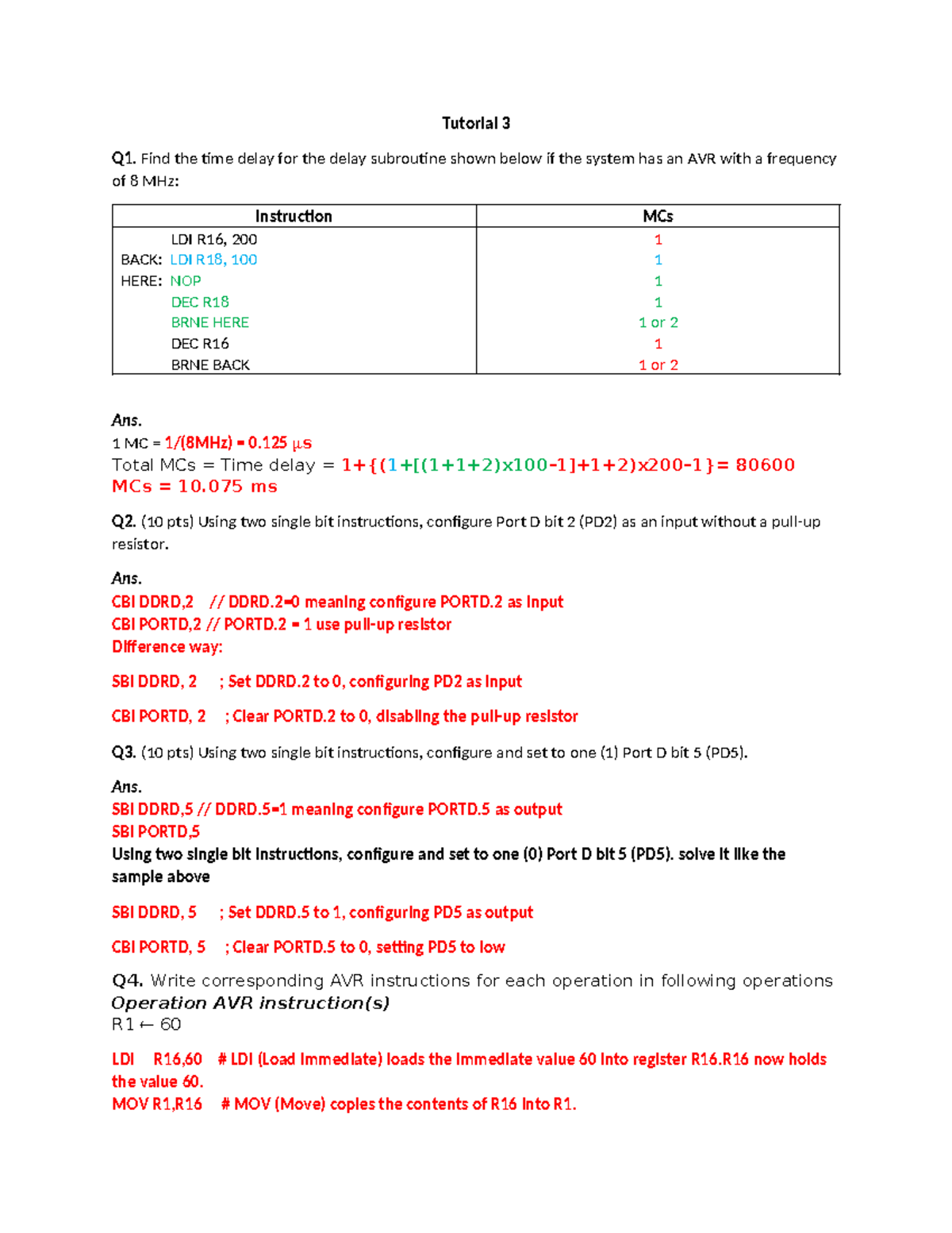 AVR Assembler Programming Tutorial 3 - Tutorial 3 Q1. Find the time ...