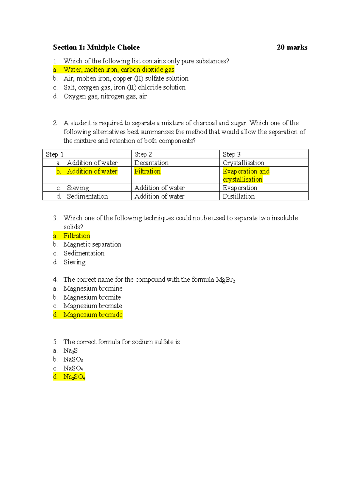 Year 11 Chemistry SC 2021: Multiple Choice & Practical Questions - Studocu