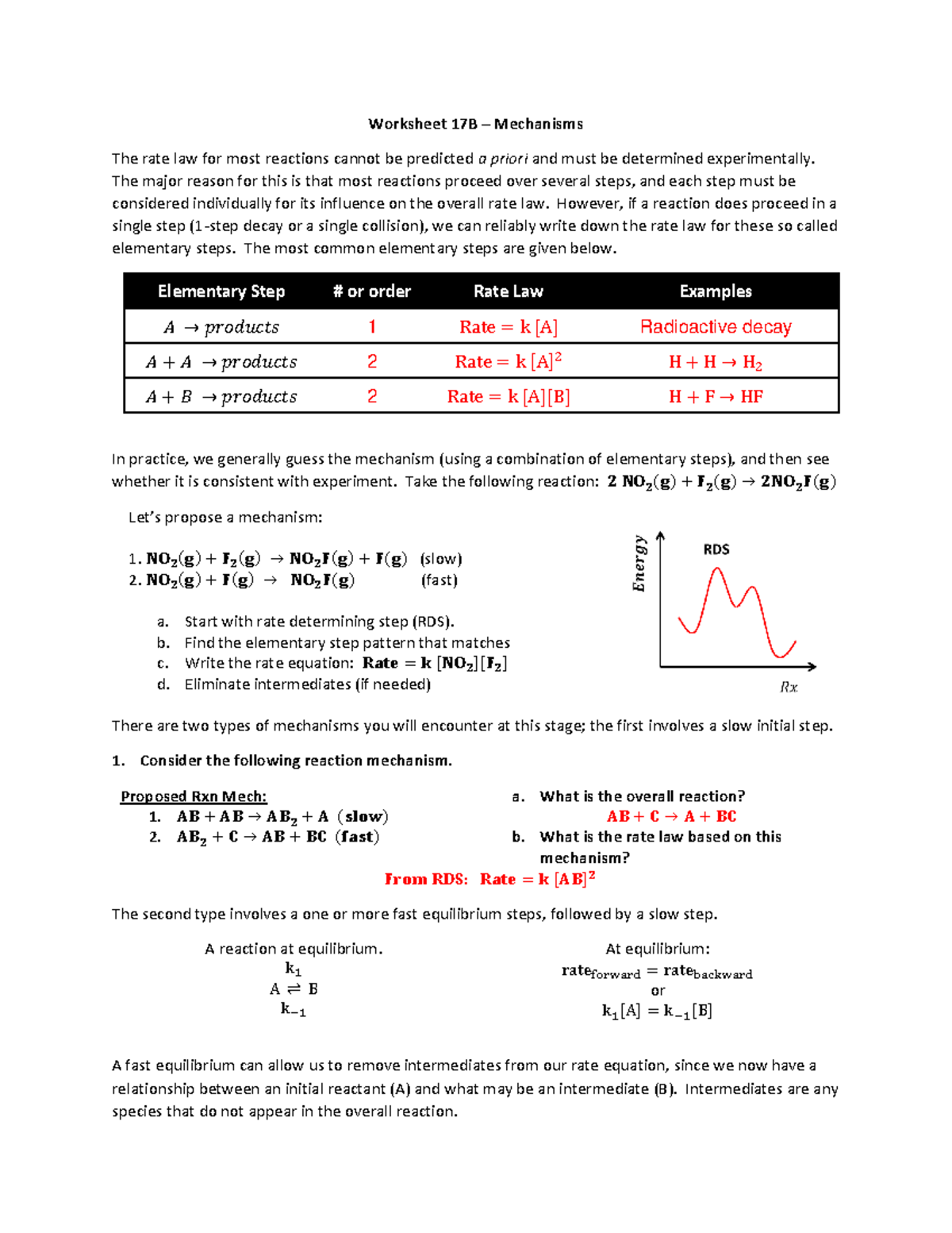 Worksheet 17B: Understanding Reaction Mechanisms & Rate Laws in Chem ...