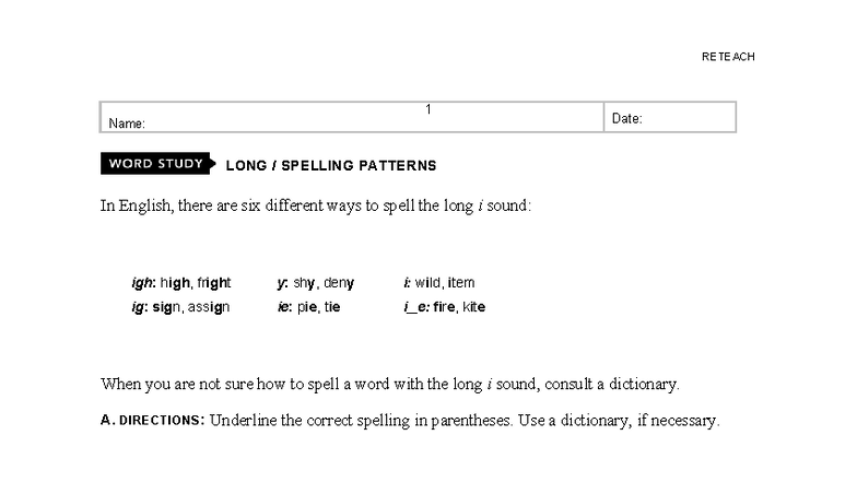 RETEACH 1: Long I Spelling Patterns and Practice Activities - Studocu