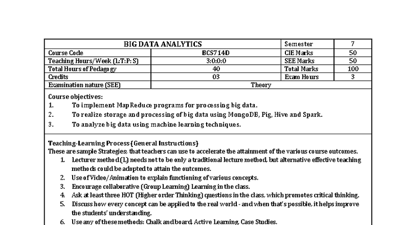 BCS714D Big Data Analytics Syllabus and Course Overview - Studocu