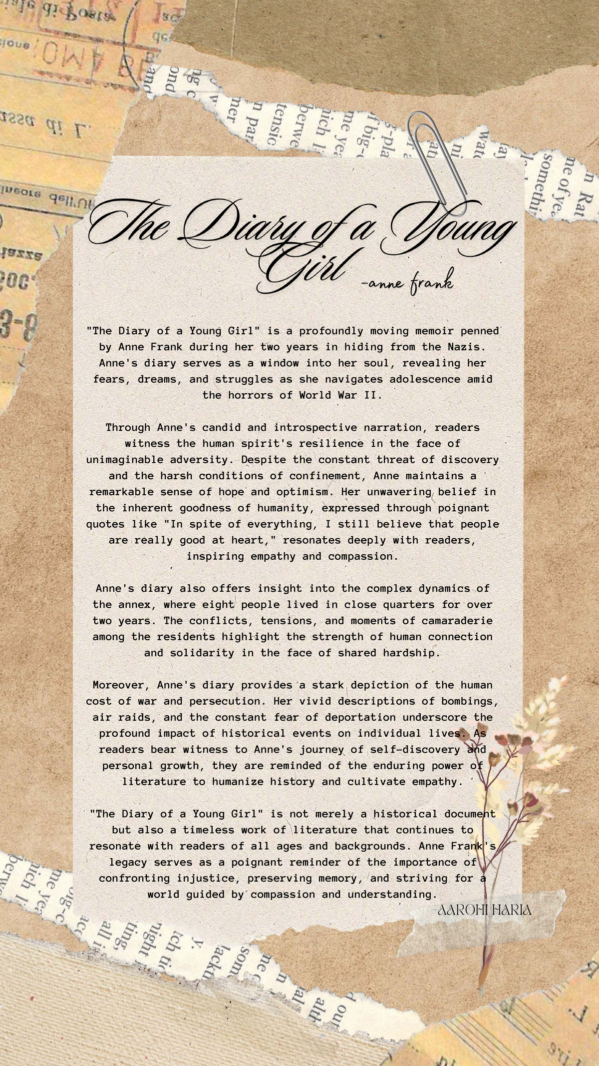 HARIA: Insights from Anne Frank's "Diary of a Young Girl" - Studocu