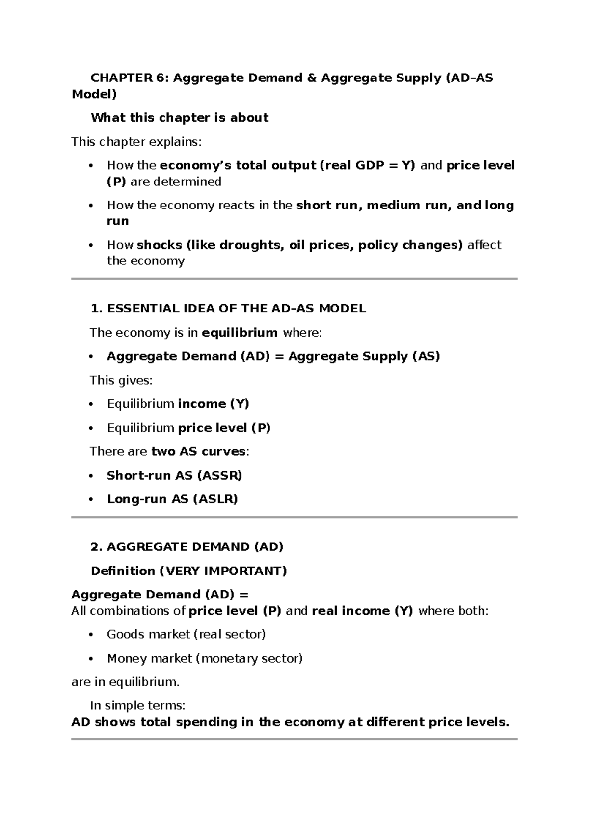 Chapter 6: AD and AS Model Summary (Econ 101) - Studocu