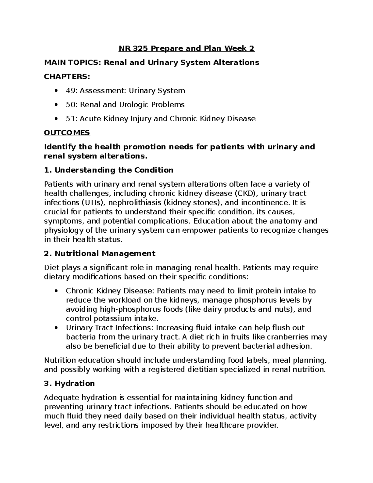 NR 325 Week 2: Health Promotion in Renal & Urinary Alterations - Studocu