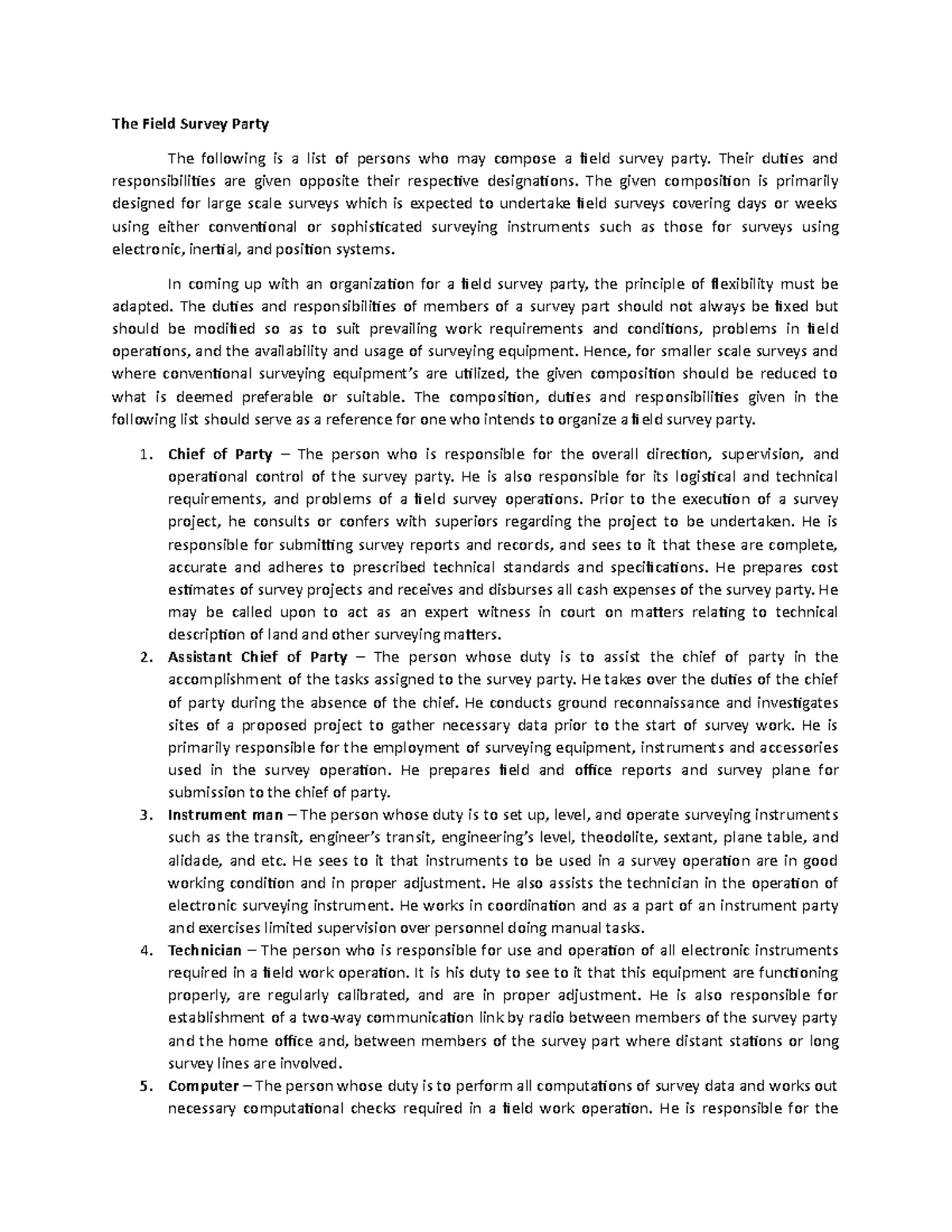 Field Survey Party Composition & Responsibilities Overview - Studocu