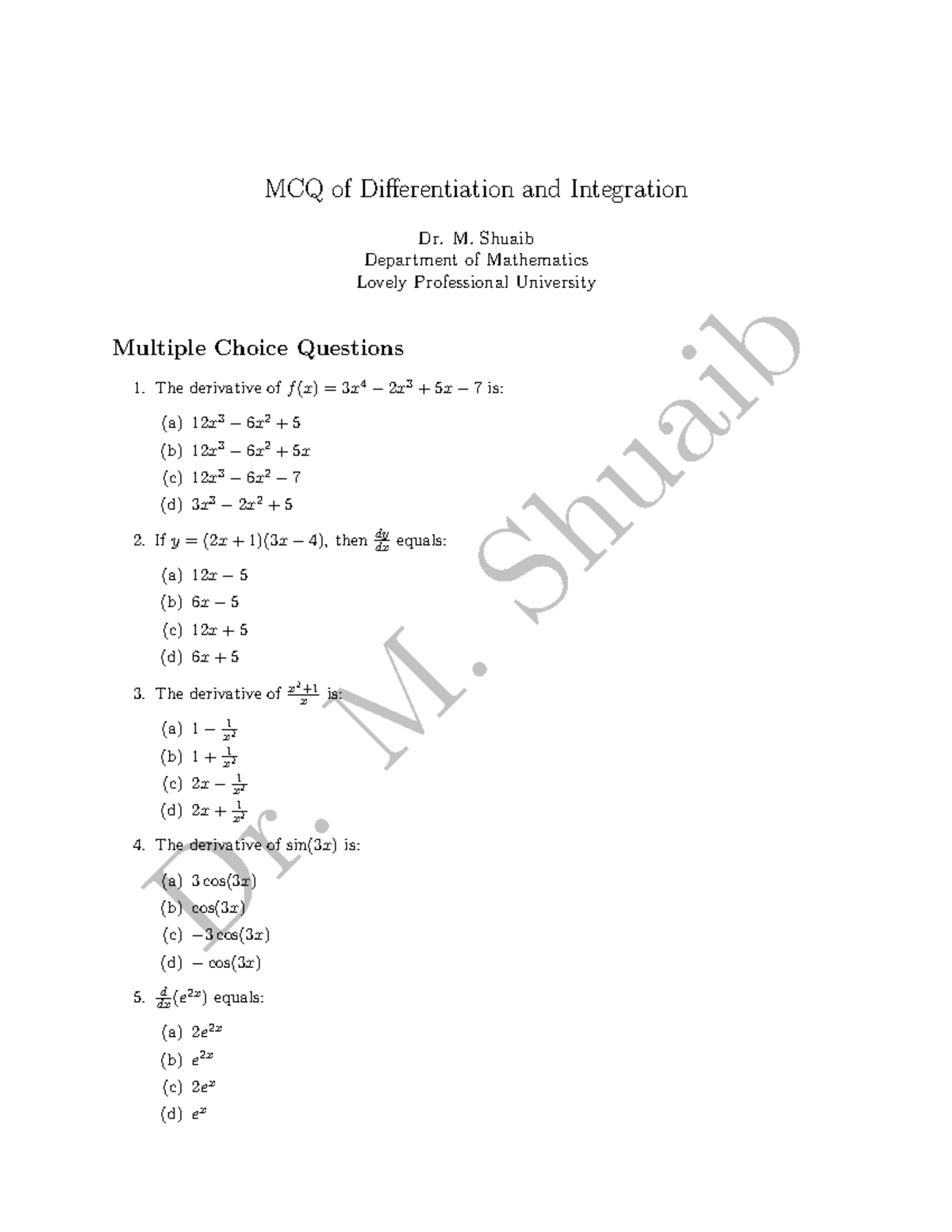 MCQ on Differentiation & Integration for MATH101 Final Exam - Studocu