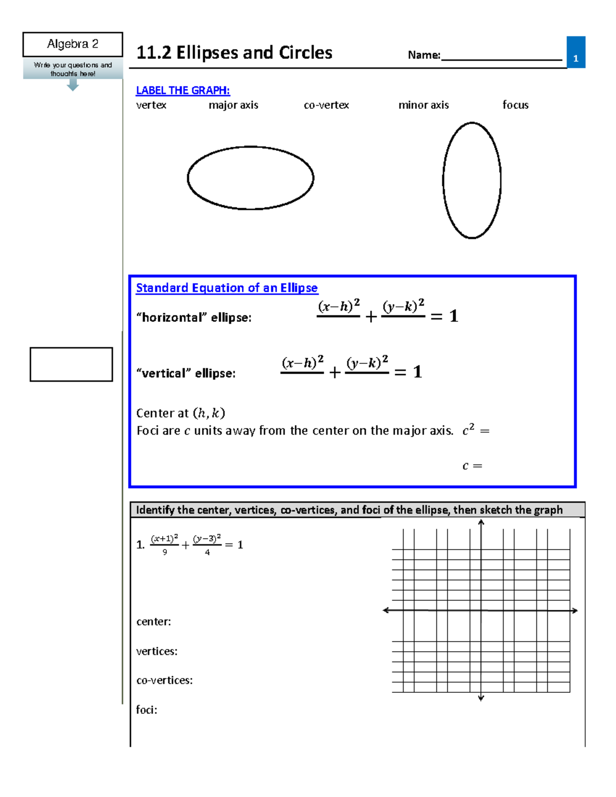 Algebra 2 11.2 Practice: Ellipses and Circles Graphing Guide - Studocu