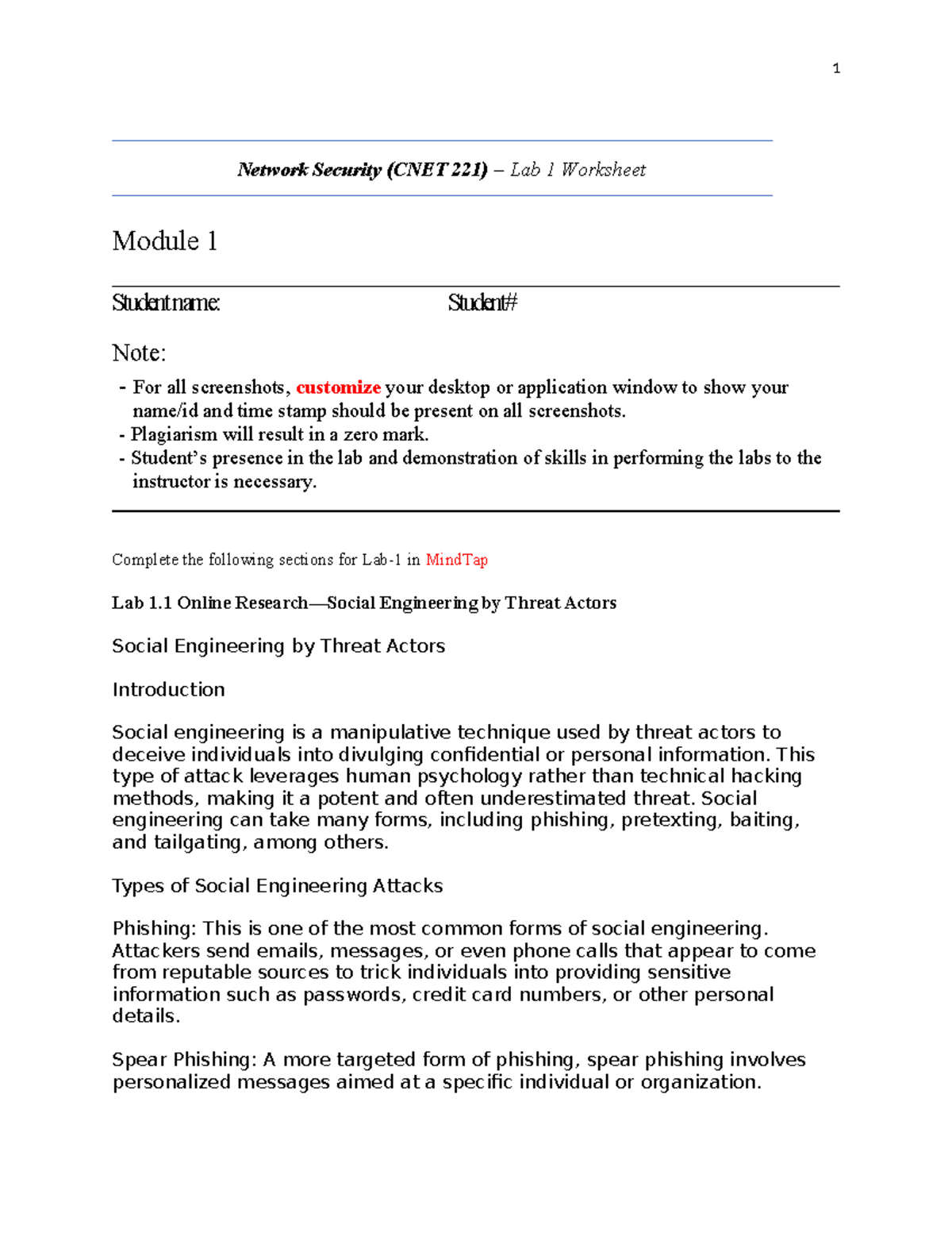 Lab 1 - Network Security (CNET 221) Worksheet on Social Engineering ...