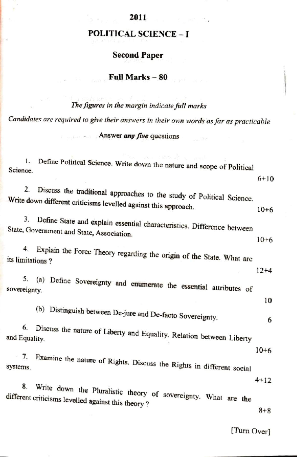 Cu 1 sem 2011 PYQ - Political Science II Previous Year Questions - Studocu