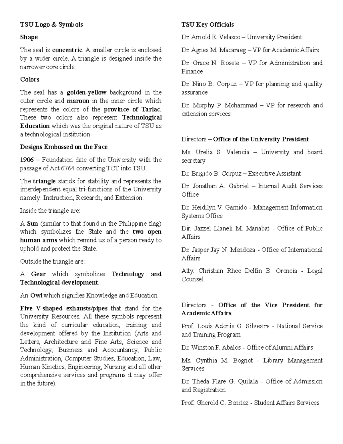 NSTP 1 Midterm Review - Understanding TSU Symbols and Citizenship ...