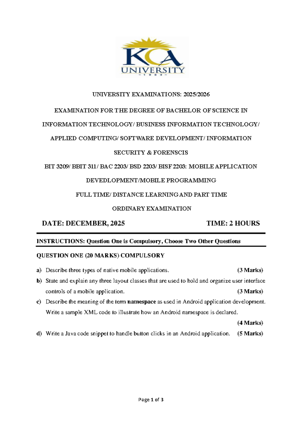 BIT 3209: Mobile Application Development Final Exam - Studocu