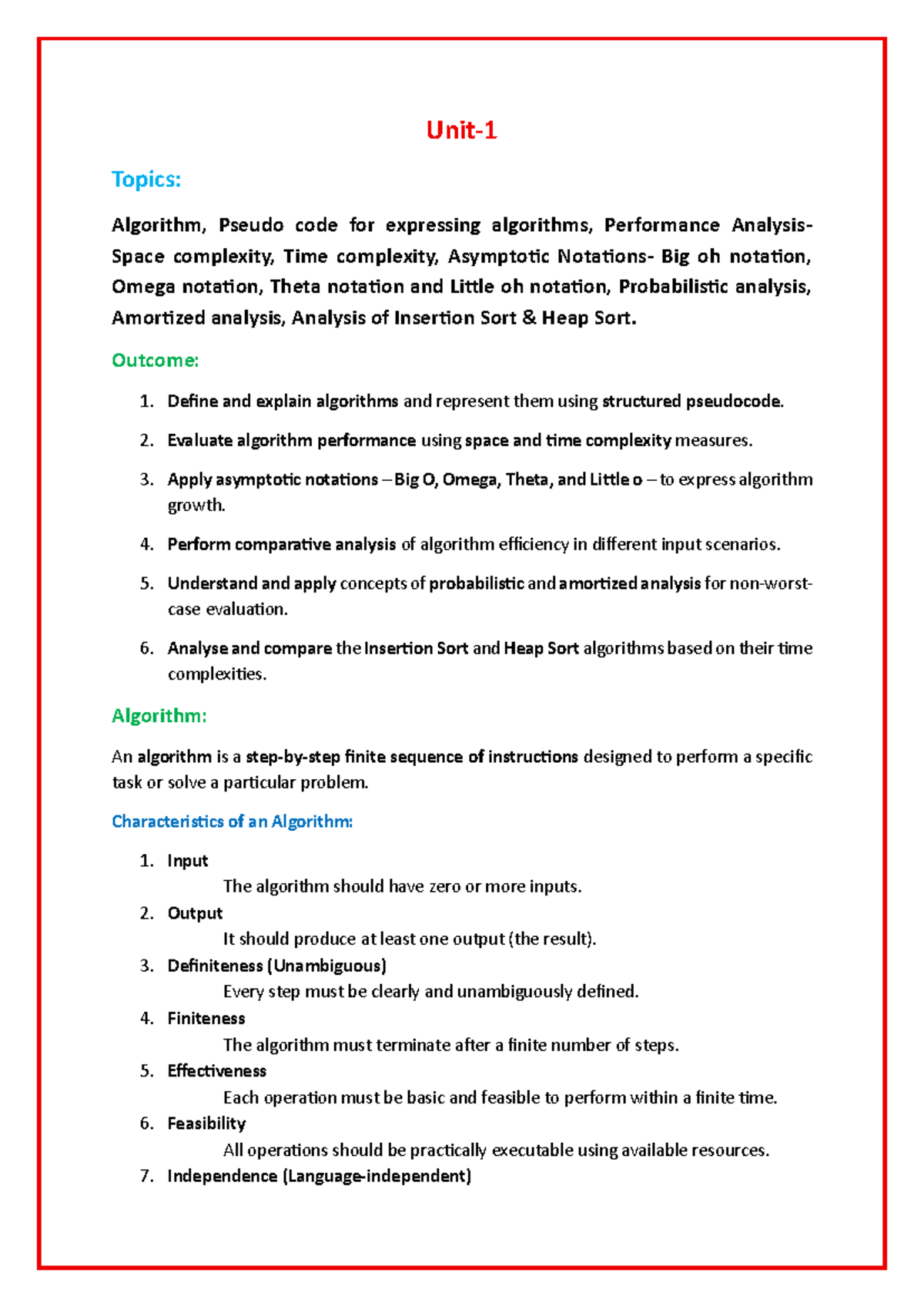 DAA Unit-1: Algorithm Design, Analysis & Performance Metrics - Studocu