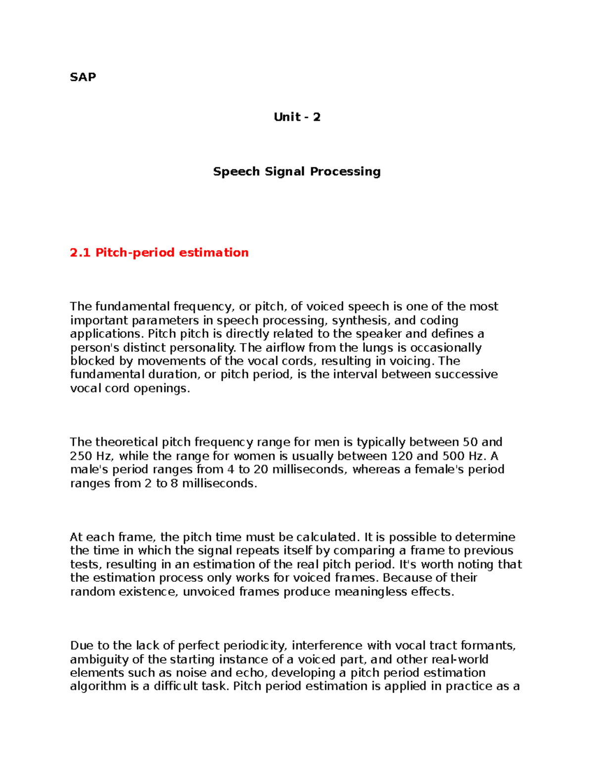 SAP 2 - Speech Signal Processing: Pitch Period Estimation & Filters - Studocu