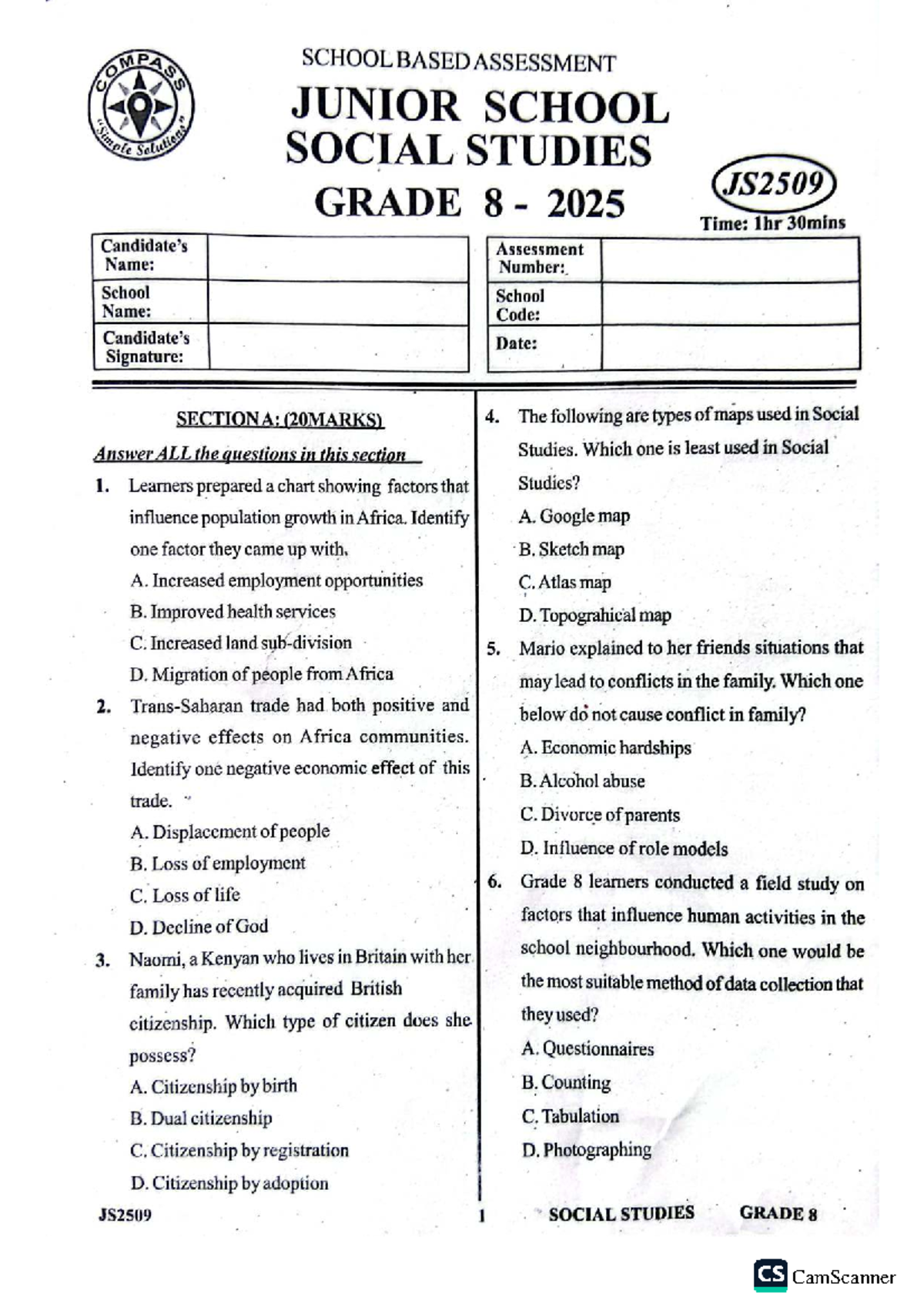 JS2509 SOCIAL STUDIES GRADE 8 SCHOOL BASED ASSESSMENT SOLUTIONS - Studocu
