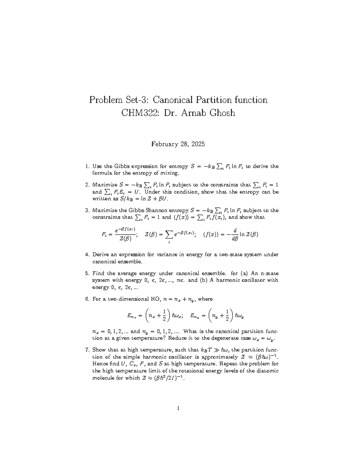 Problem Set 3: Canonical Partition Function & Entropy Derivations ...